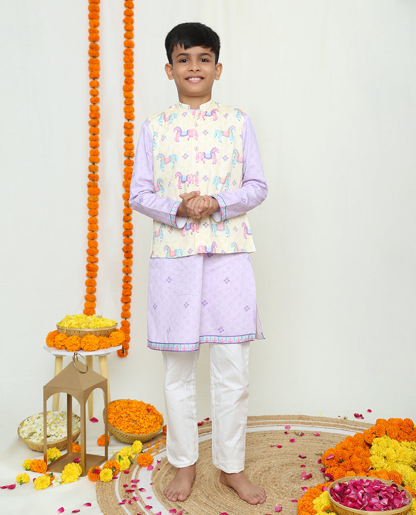 Shahi Ghoda Bandi, Kurta Pyjama set – Iris & Peach